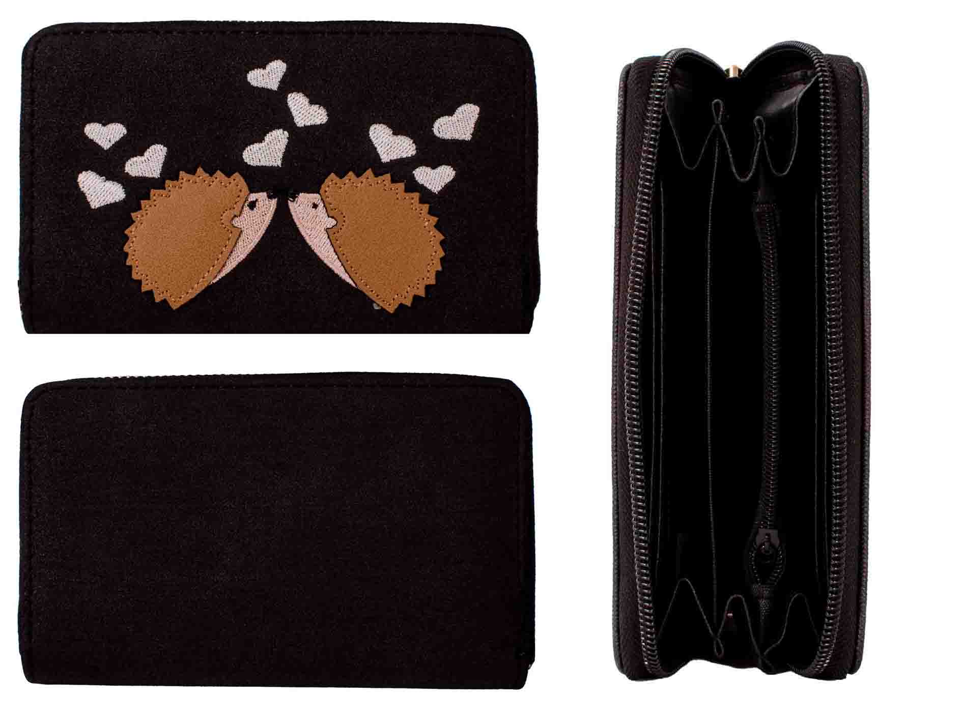 LW177 BLACK HADGEHOG APPLIQUE MEDIUM PURSE [LW177 BLACK HEDGEHOG PURSE ...